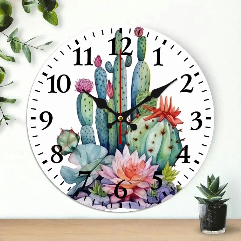 Creowell Cactus Succulents Green Plant Wooden Wall Clock, Silent ...