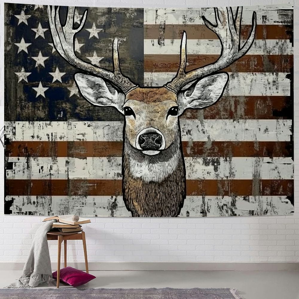 Creowell Camo Hunting Tapestry, Camouflage Country Deer Black USA Flag ...
