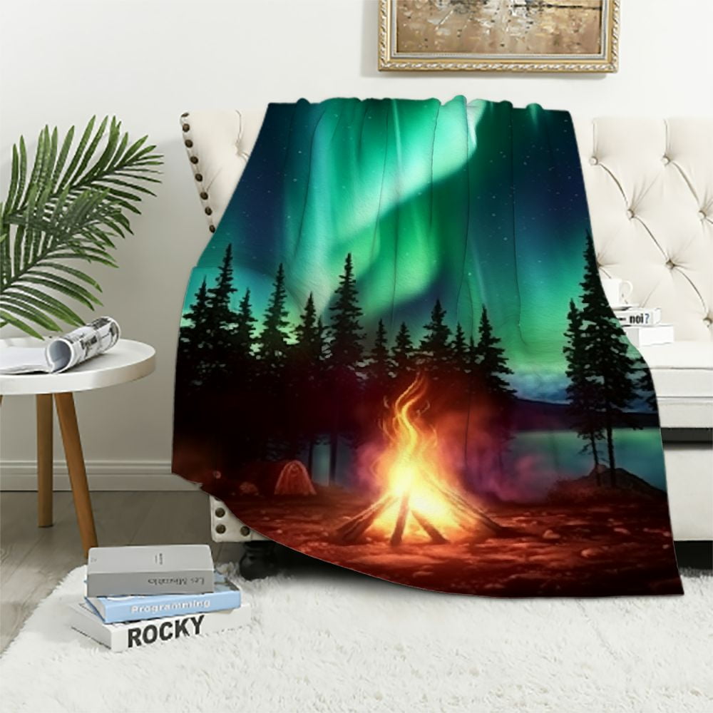 Creowell Campfire Aurora Lights Trees Flannel Lightweight Throw Blanket ...