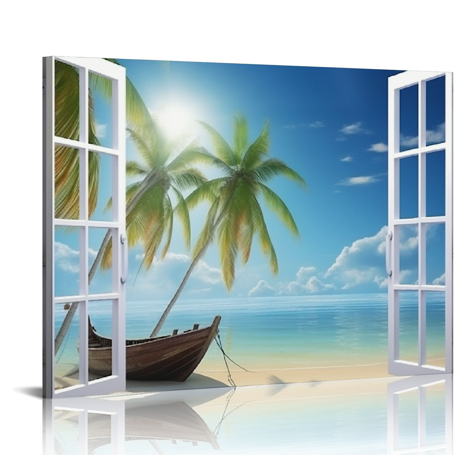 Creowell Canvas Print Wall Art Window Frame Style Palm Tree Seascape ...