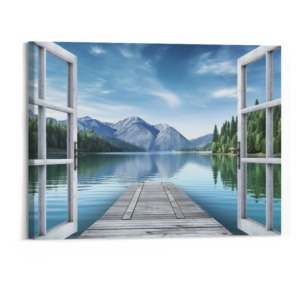Creowell Canvas Print Wall Art Window View Mountain Range Forest Tree ...