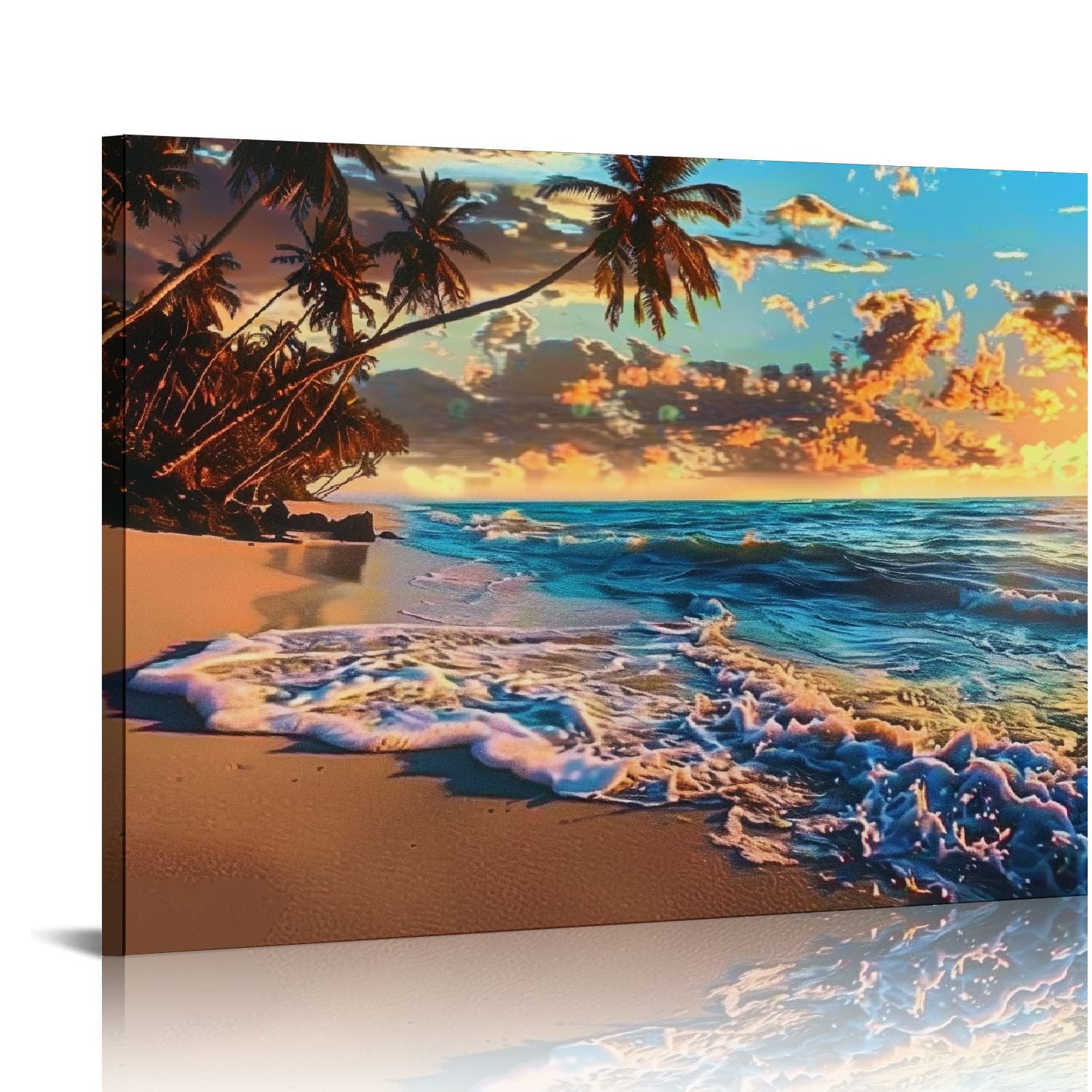 Creowell Canvas Prints Wall Art Blue Beach Ocean Landscape Paintings Sunset Sea Waves Wall Decor ...