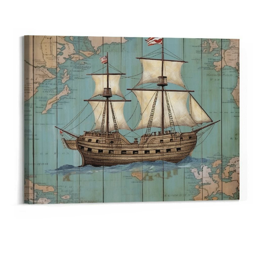 Creowell Canvas Wall Art Vintage Nautical Theme Retro Ship,Oil Painting ...