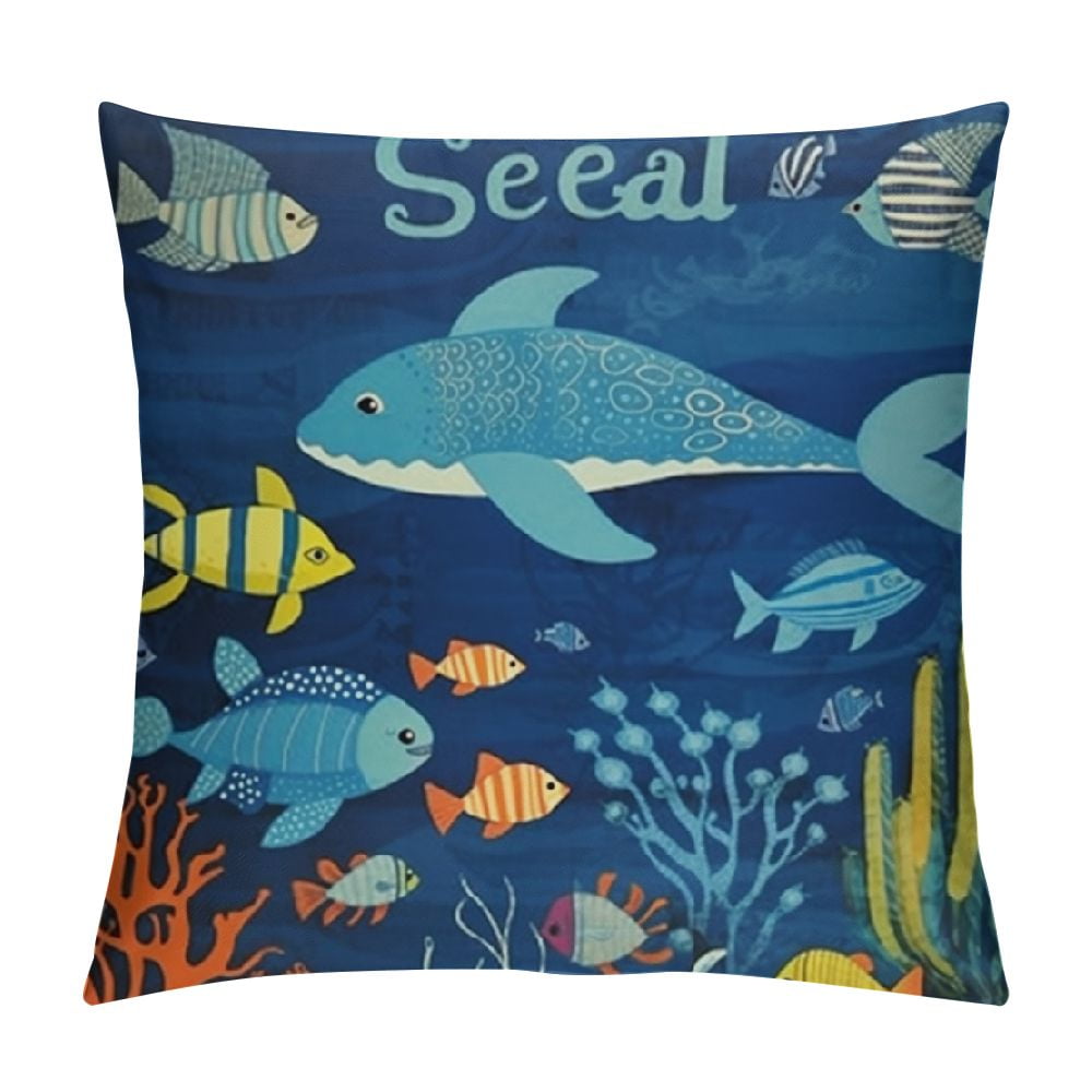 Creowell Cartoon Fish Whale Throw Pillow Cover, Cartoon Underwater ...