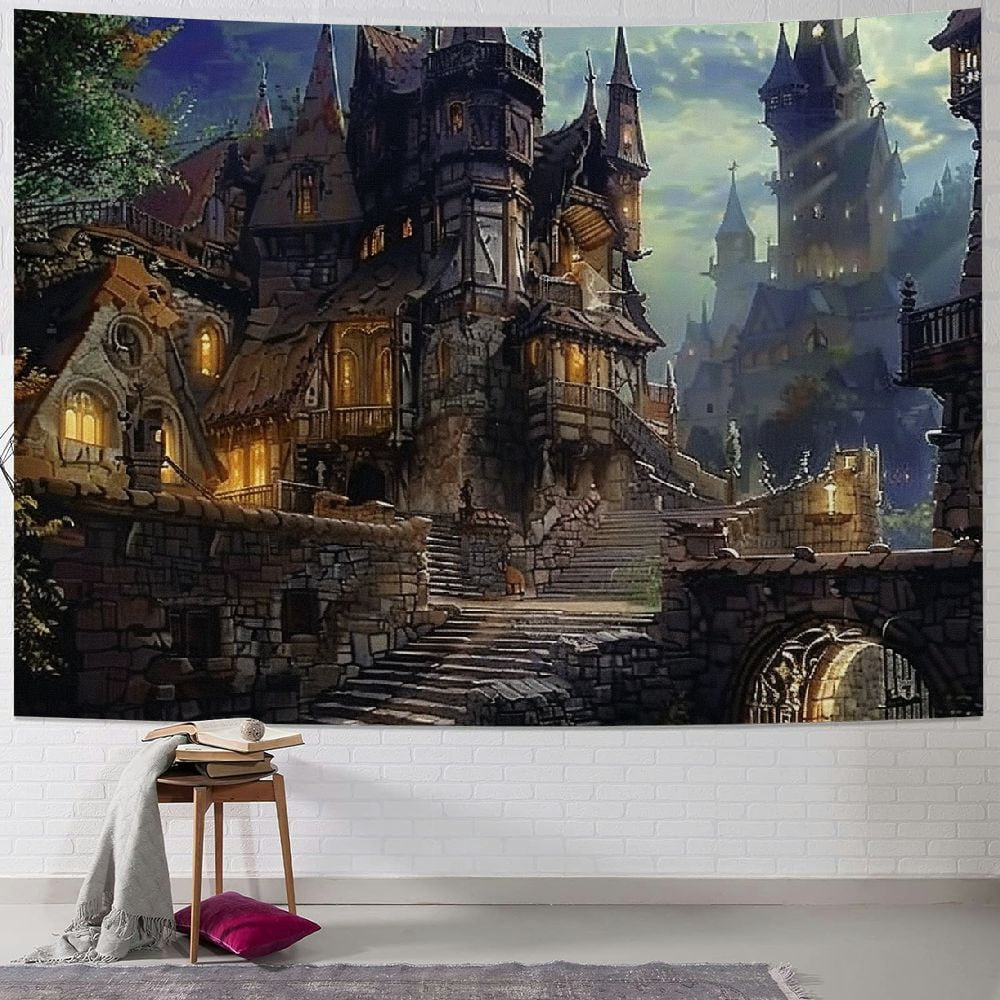 Creowell Castle Full Moon Night Tapestry, Wolf Fantasy Medieval Town ...