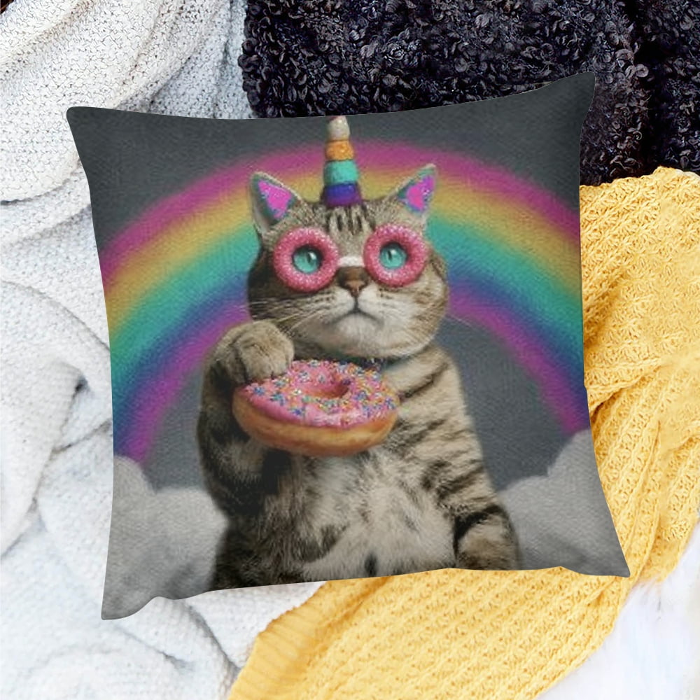Creowell Cat Unicorn Hat Pillow Case 100% Linen Couch Decor 18x18in ...