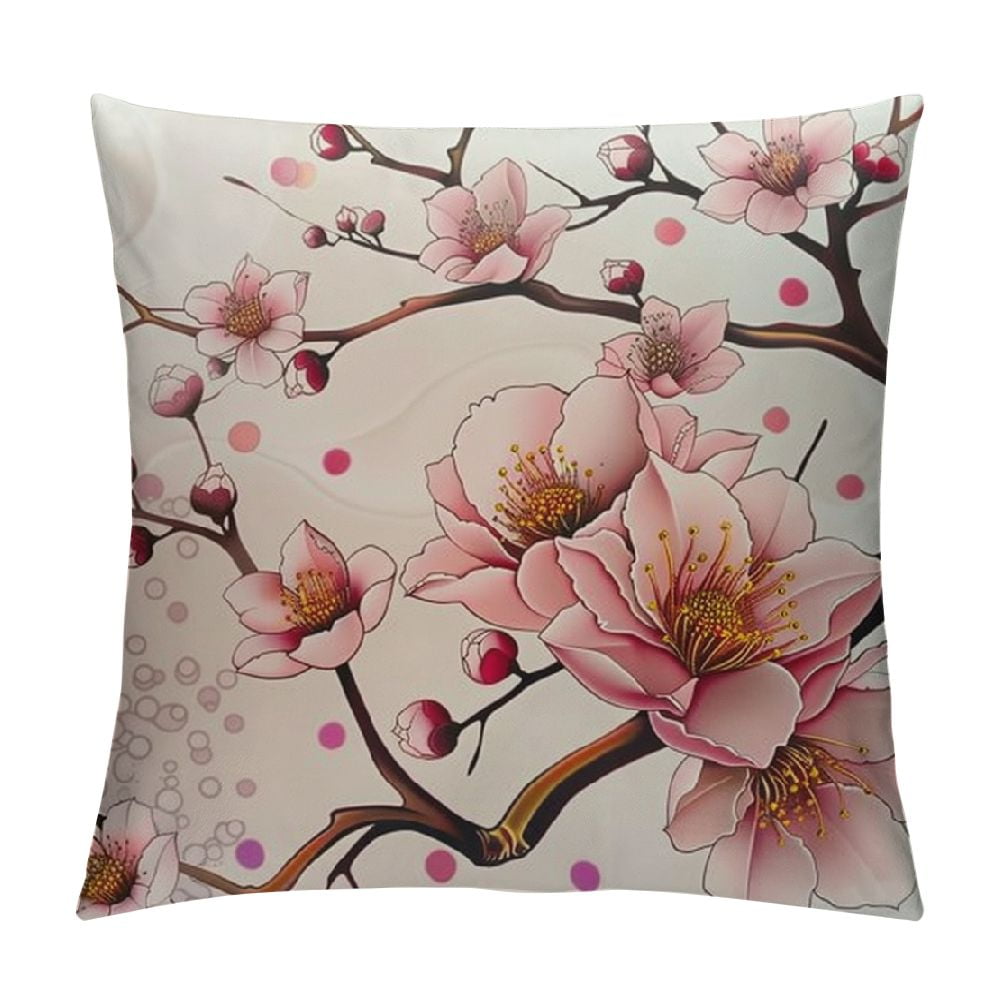Creowell Cherry Branch with Floral Flower Blossoms，Printed Throw Pillow Cushion Covers Used for ...