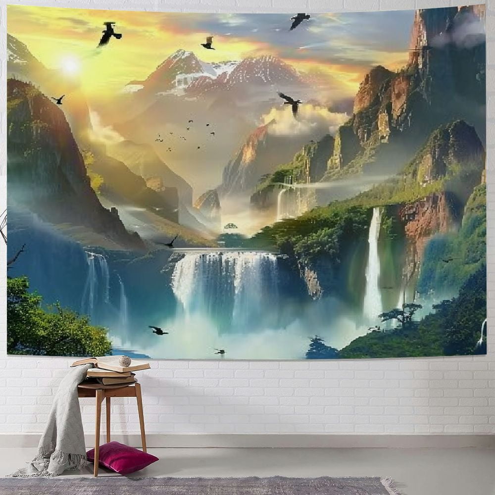 Creowell Chinese Wall Tapestry Waterfall Sunrise Mountains Lake Cranes ...