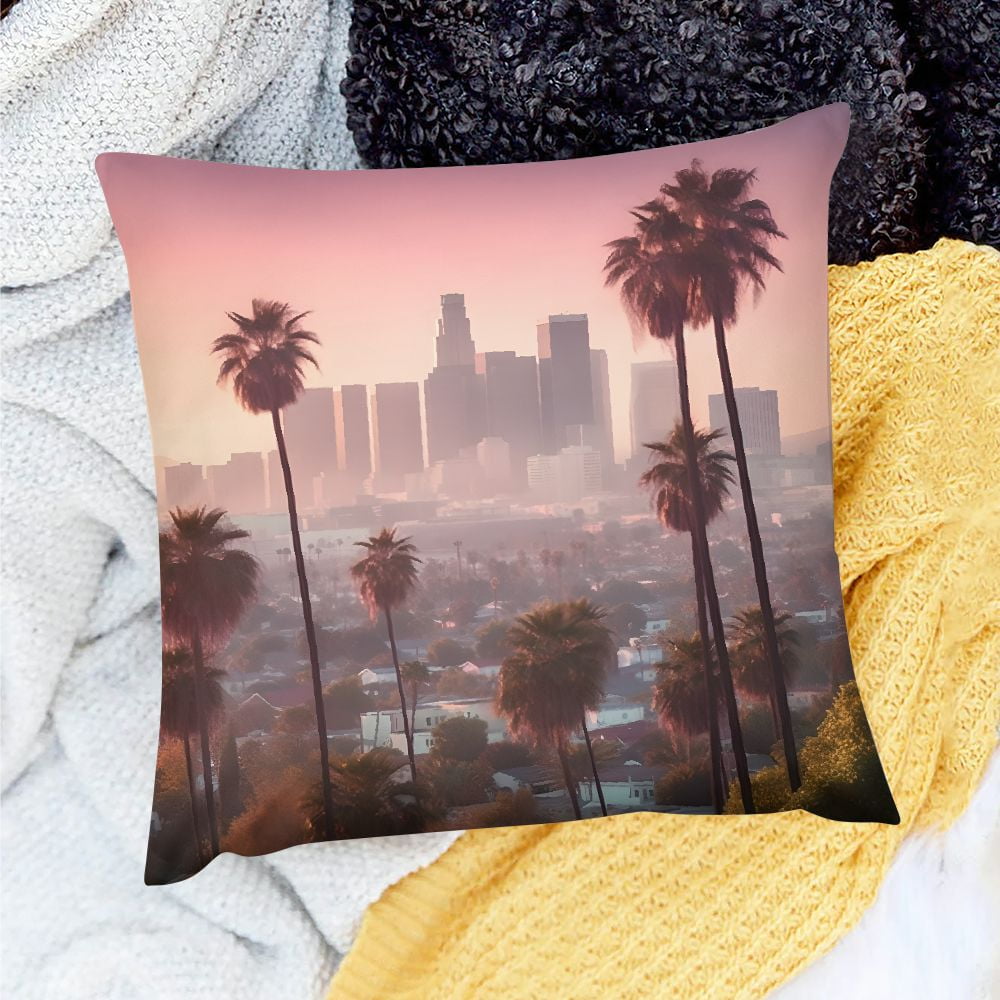 Creowell City Skyline Palm Trees Hazy Sky Pillow Cushion Case for Home Sofa Couch Decor - Set of ...