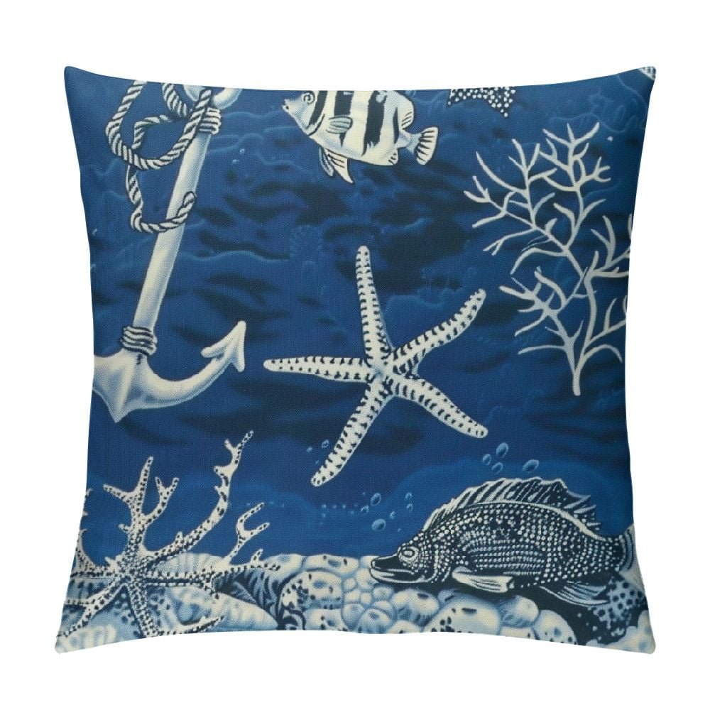 Creowell Coastal Pillow Covers, Blue Ocean Themed Beach Fish Seashell ...