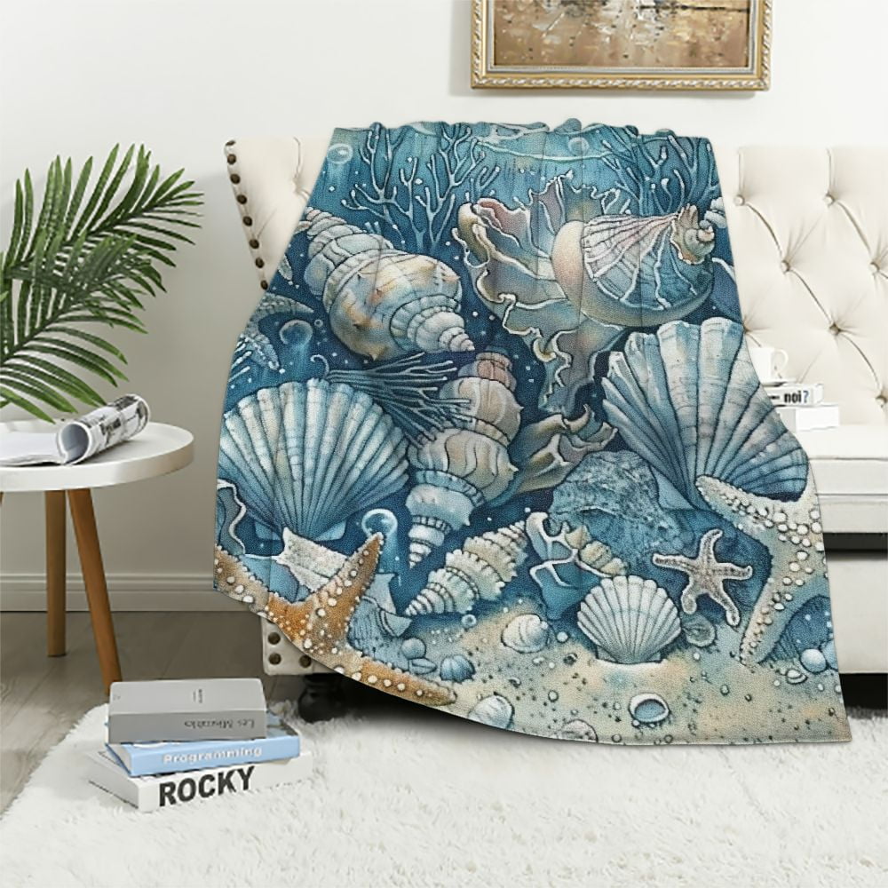Creowell Coastal Throw Blanket,Beach Seashell Starfish Coral Blanket ...