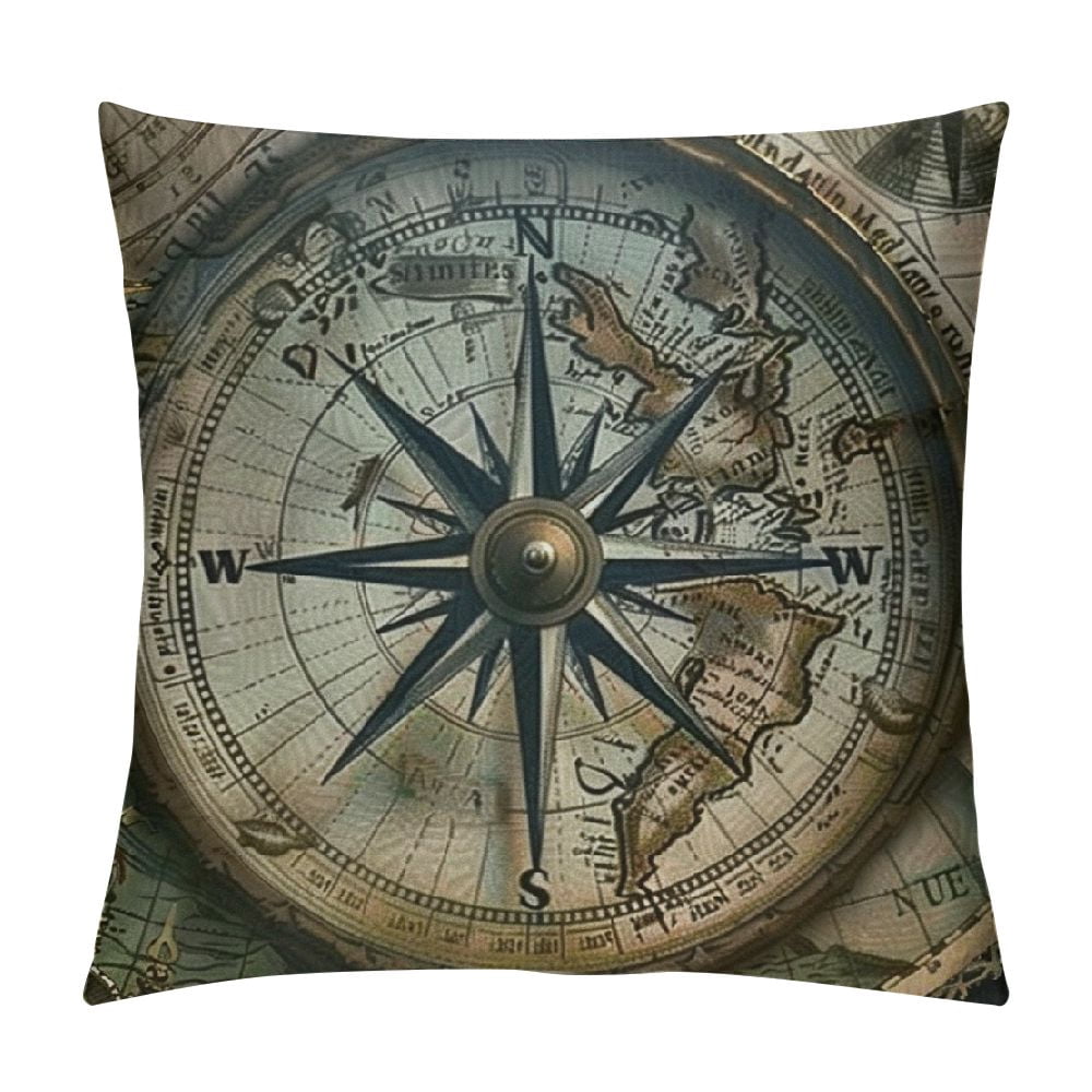 Creowell Compass Throw Pillow Cover World Map Earth Direction History ...
