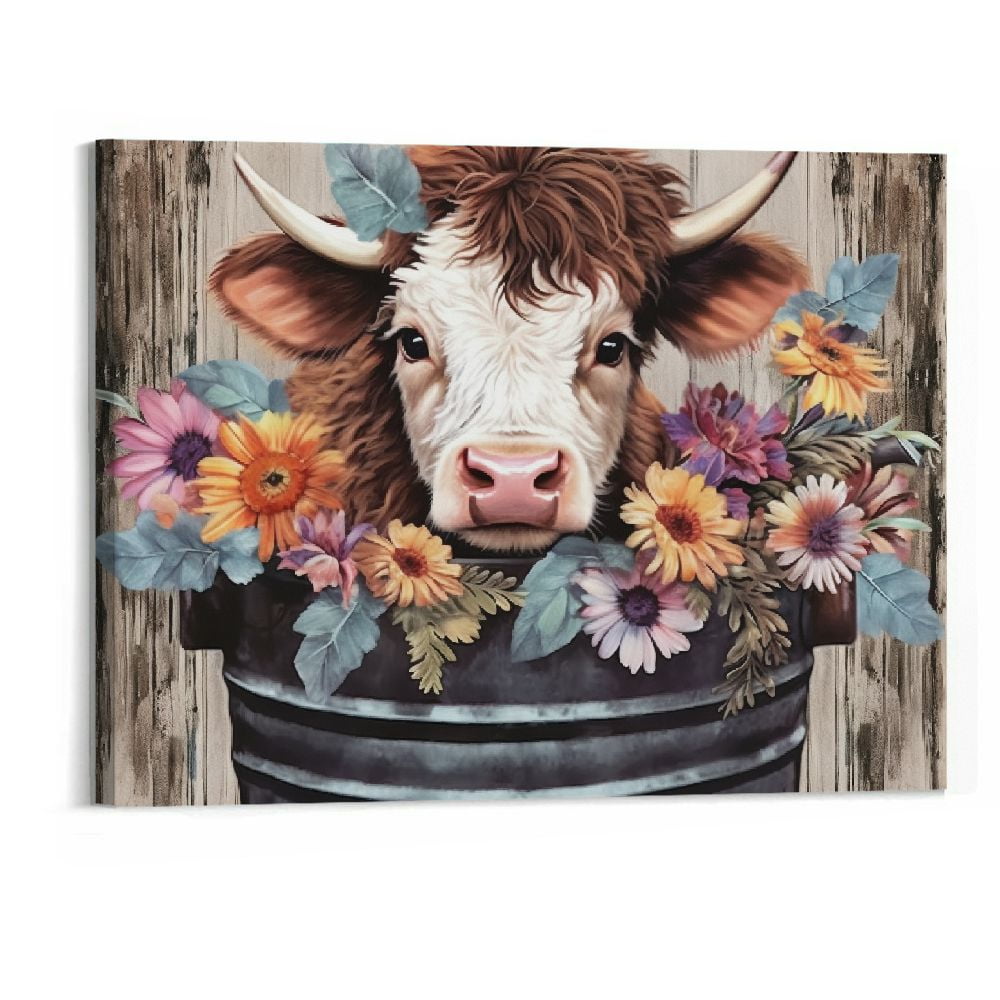 Creowell Cute Highland Cow Baby in Bucket Canvas Wall Art Rustic ...