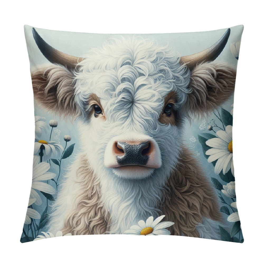 Creowell Daisy Square Throw Pillow Covers Cow Farmhouse Flowers Animal ...