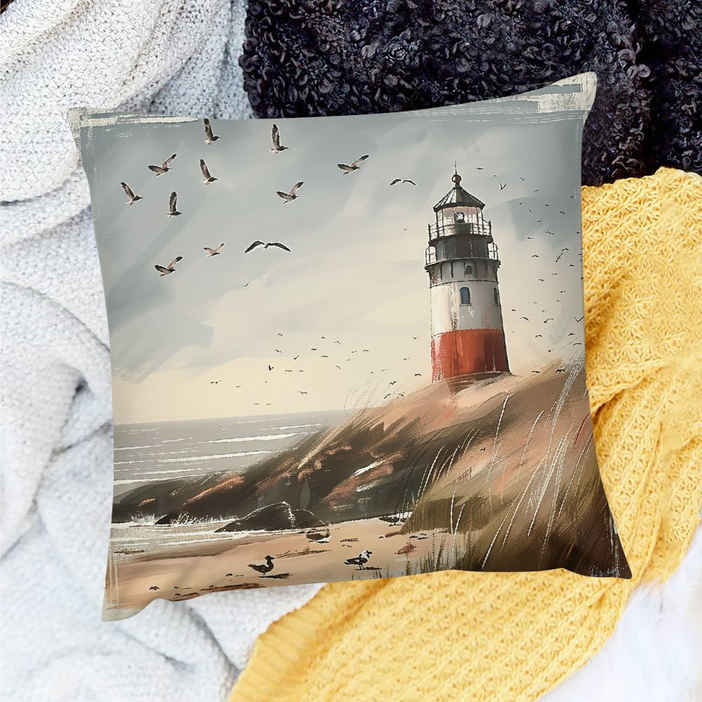 Creowell Decor Holiday Pillow Case Lighthouse Beach Birds Linen Pillow ...