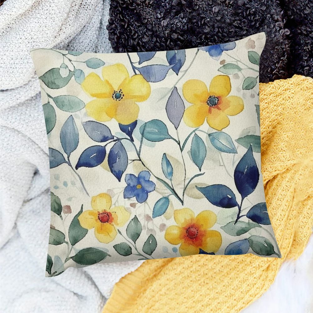 Creowell Decor Indoor Flowers Leaves Watercolor Painting Square Cushion ...