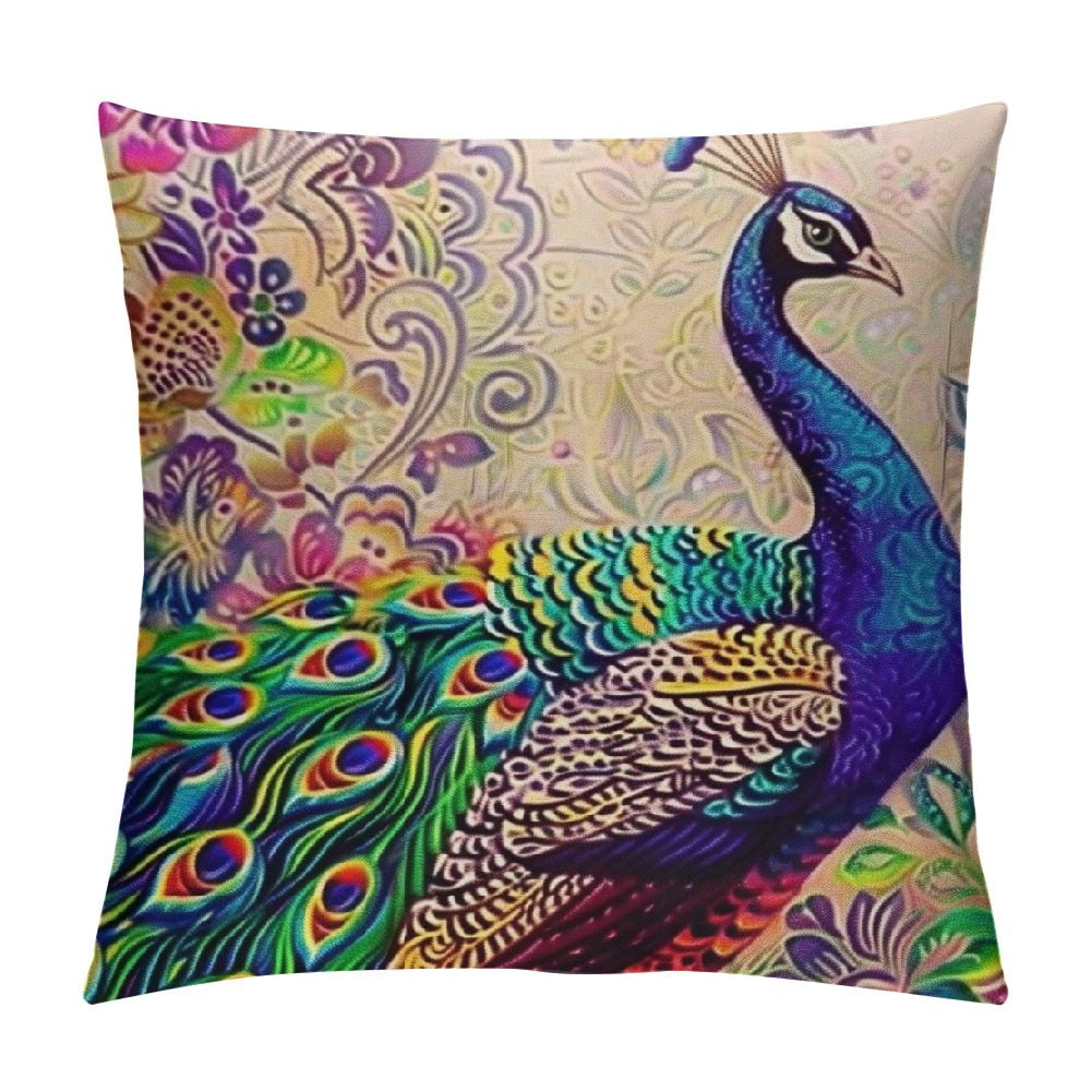Creowell Decorative Colorful Peacock Throw Pillow Covers Exotic Indian ...