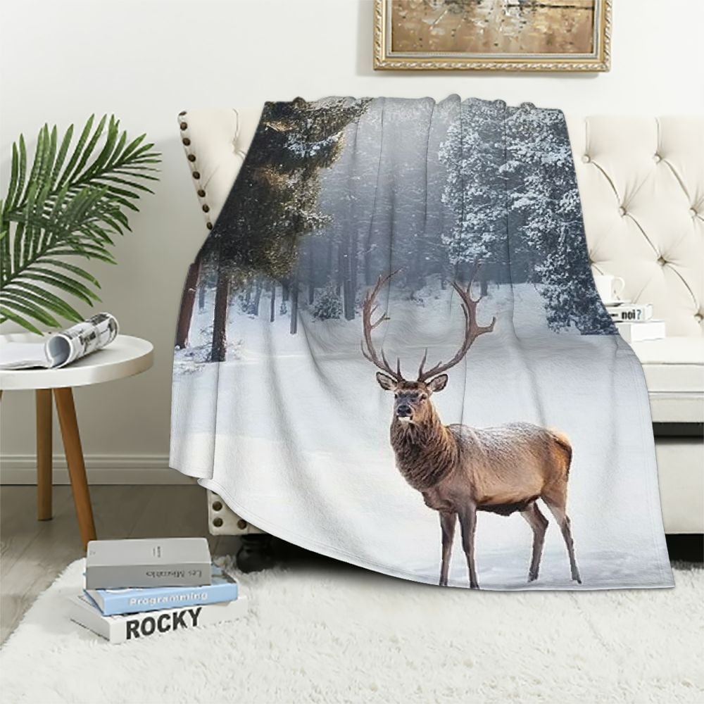 Creowell Deer Snow Forest Flannel Throw Blanket for Couch Outdoor ...