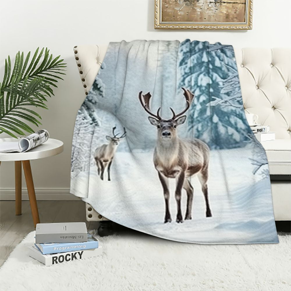 Creowell Deer Snow Trees Print Throw Blanket for Bed Sofa Living Room ...
