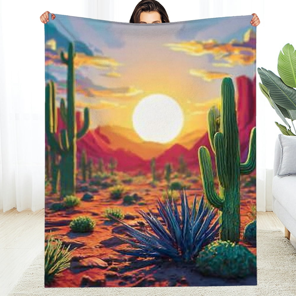 Creowell Desert Cactus Sunset Flannel Blanket - Soft Cozy Multi-Purpose ...