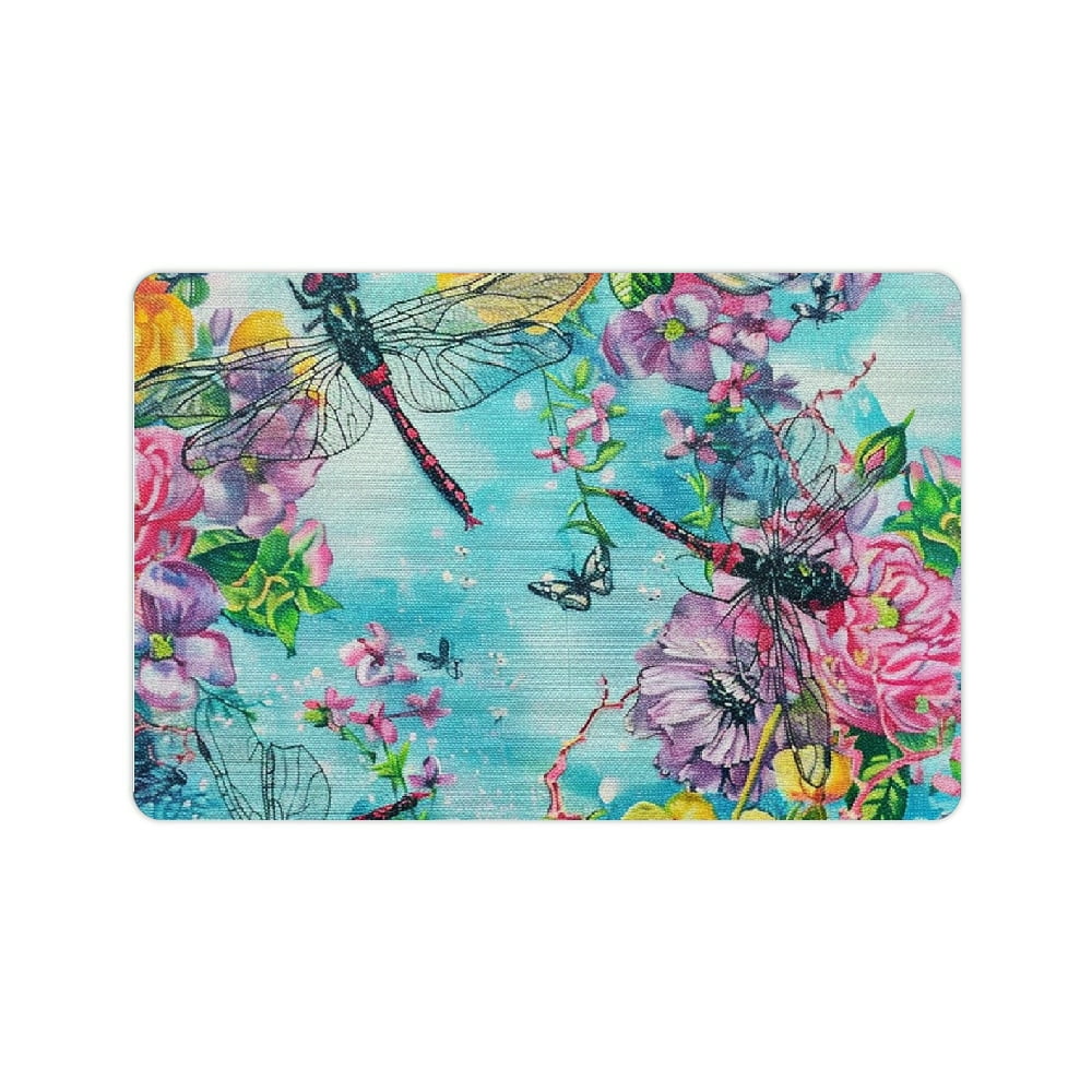 Creowell Diatom Mud Bath Mat Flowers Dragonflies Blue Background Non ...