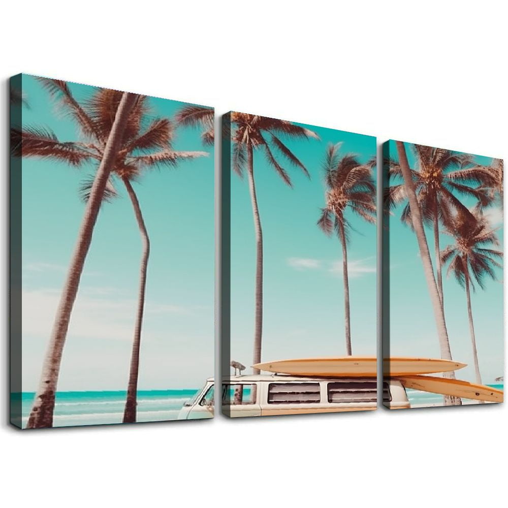 Creowell Fall Decor Seaview Palm Bus Canvas Wall Art 3 Piece Set ...