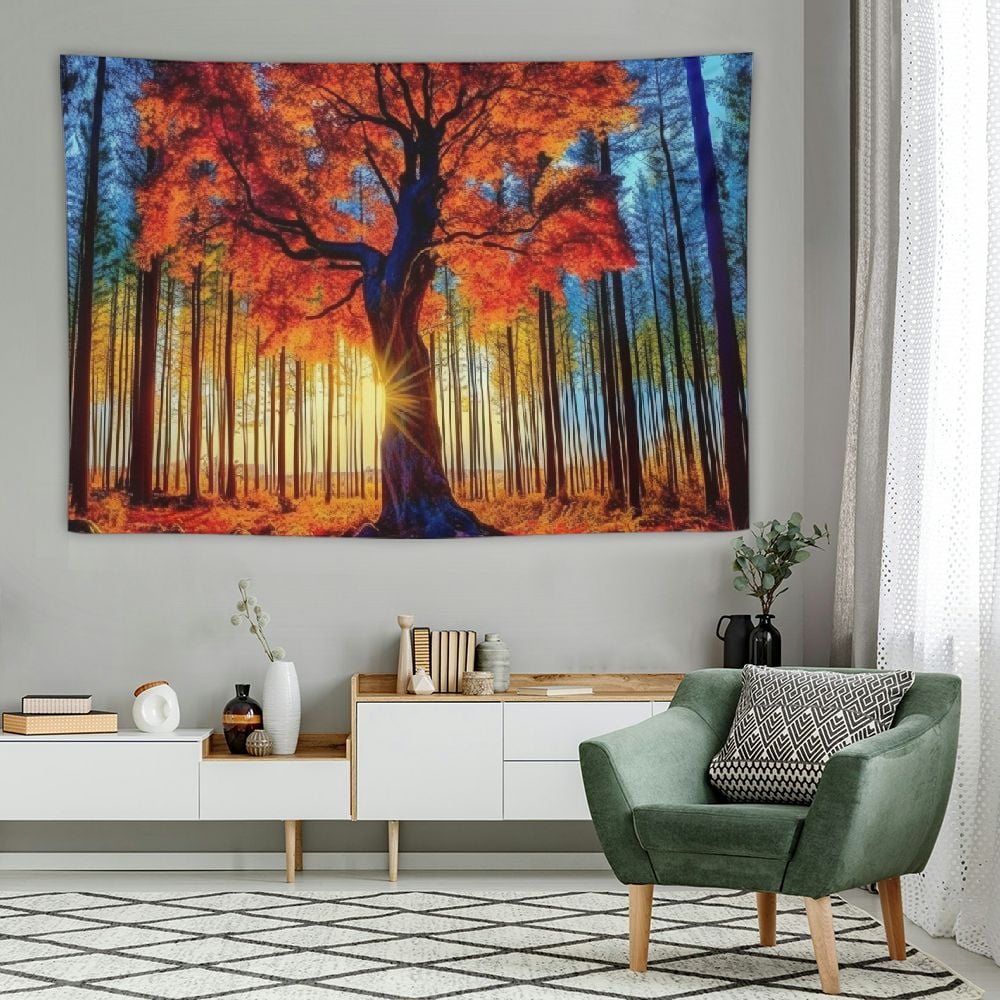 Creowell Fall Forest Tapestry, Autumn Red Yellow Maple Leaf Trees ...