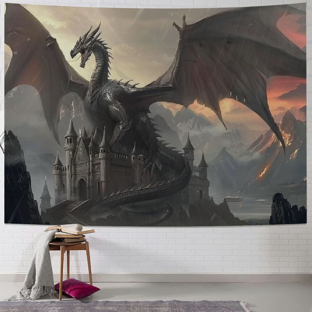 Creowell Fantasy Tapestry, Gothic Dragon on Castle Wall Tapestry ...