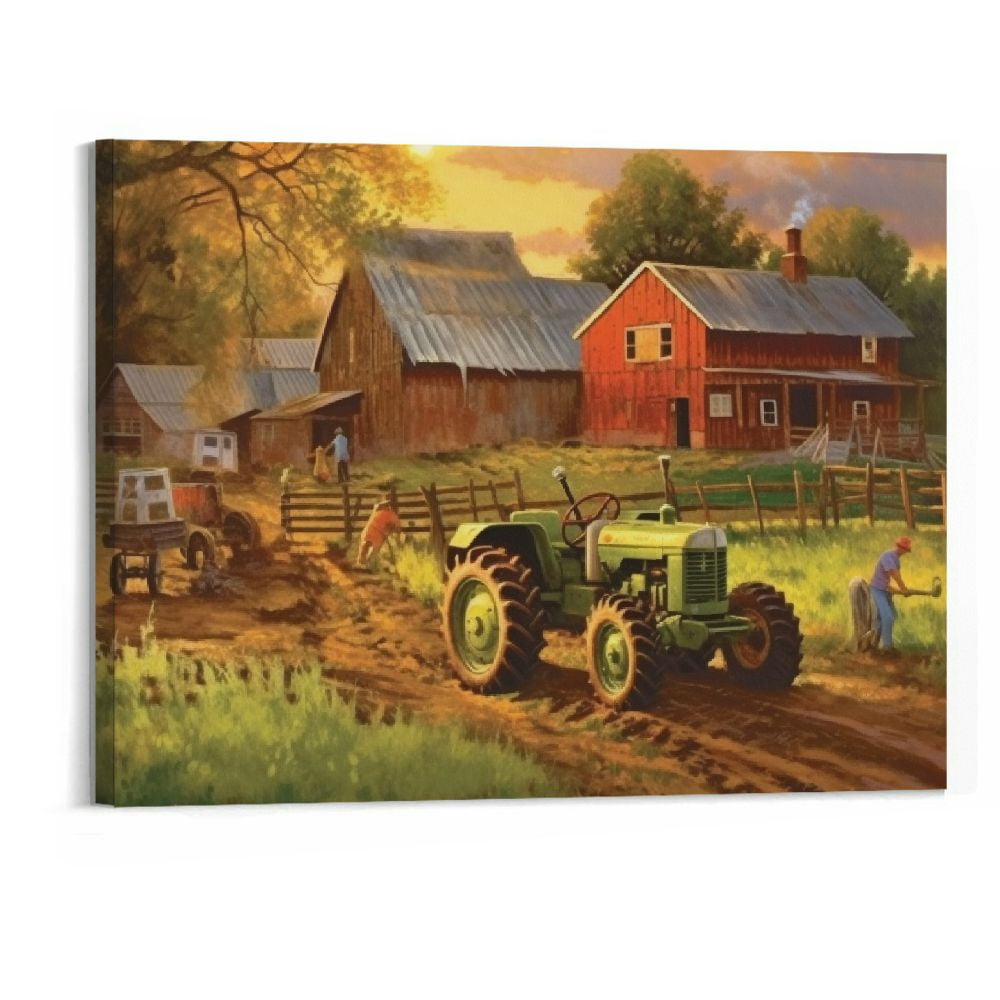 Creowell Farm Barn Tractor Wall Art Rural Landscape Poster Canvas Wall ...