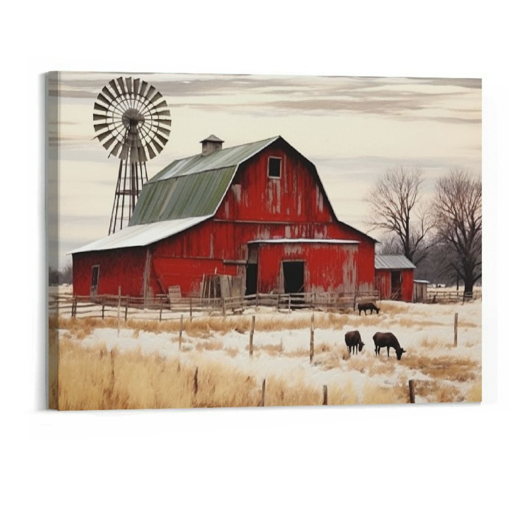 Creowell Farmhouse Canvas Wall Art Country Barn Windmill Landscape ...