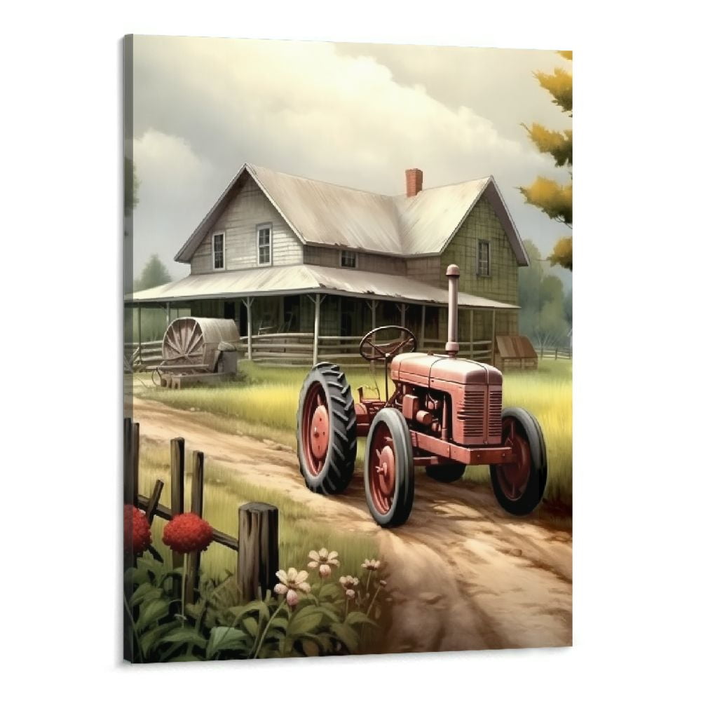 Creowell Farmhouse Canvas Wall Art Old Tractor Pictures Rustic Barn ...