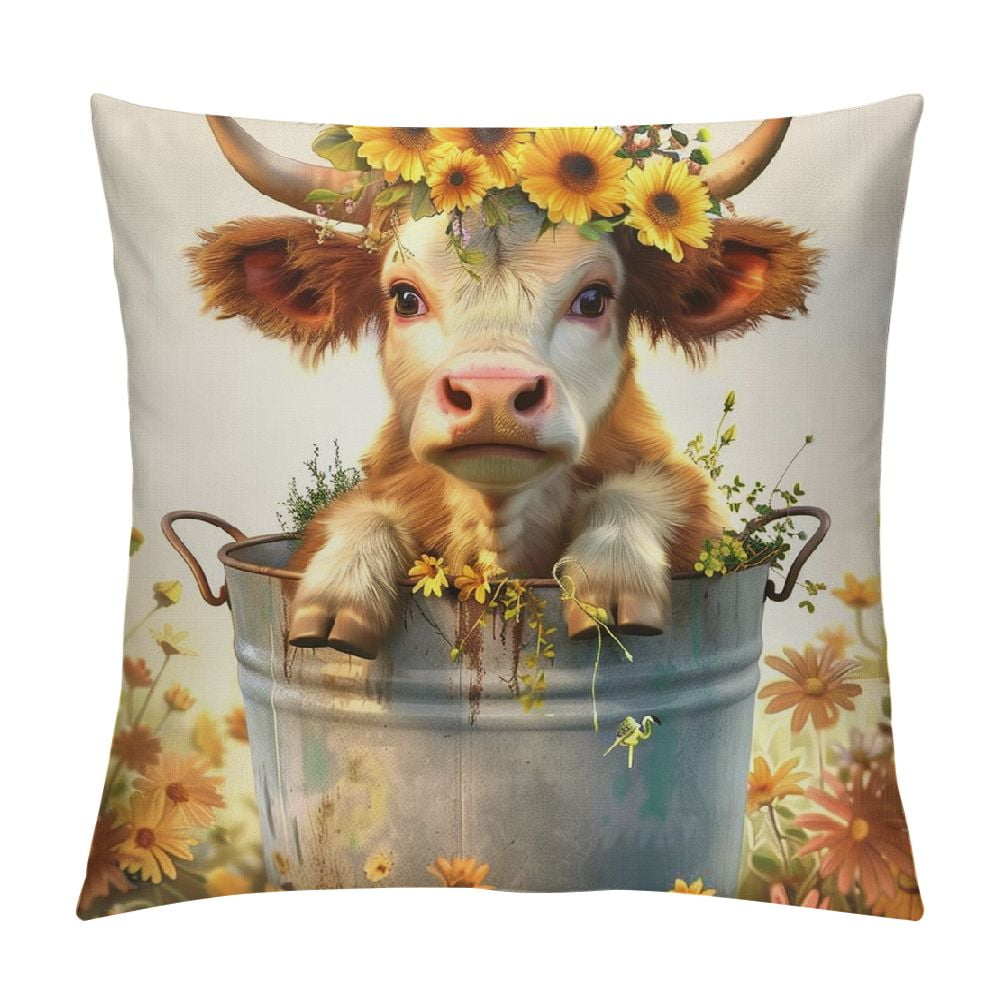 Creowell Farmhouse Cow Yellow Daisy Pillow Cases Baby Cows in a Bucket ...