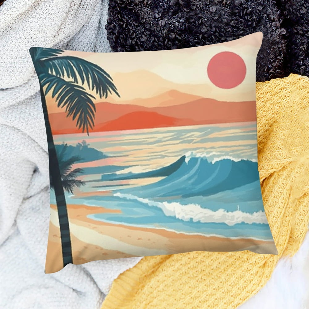Creowell Farmhouse Decor Beach Palm Trees Sunset Pillow Cover 100% ...