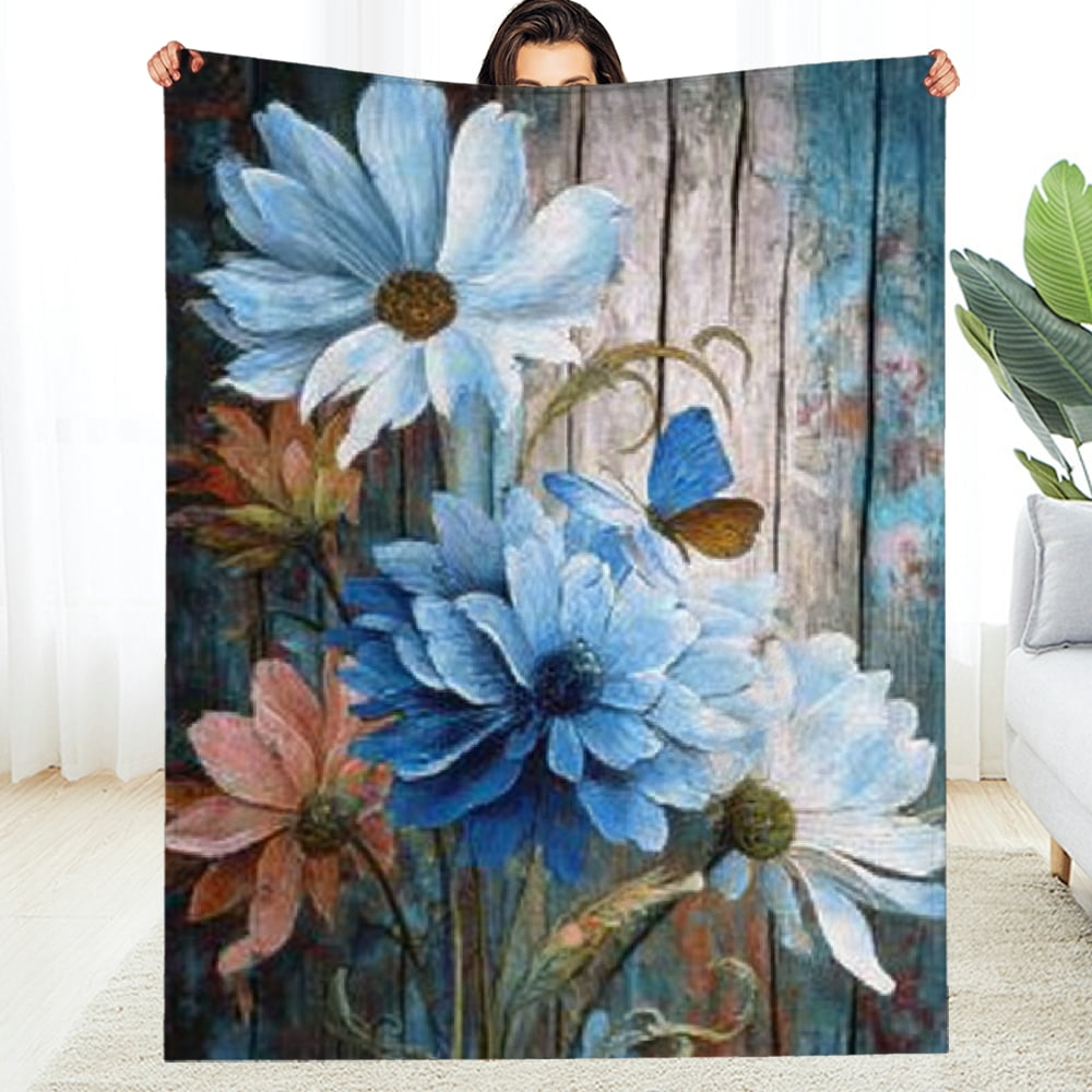Creowell Farmhouse Flower Floral Throw Blanket, Rustic Blue Daisy Cozy ...