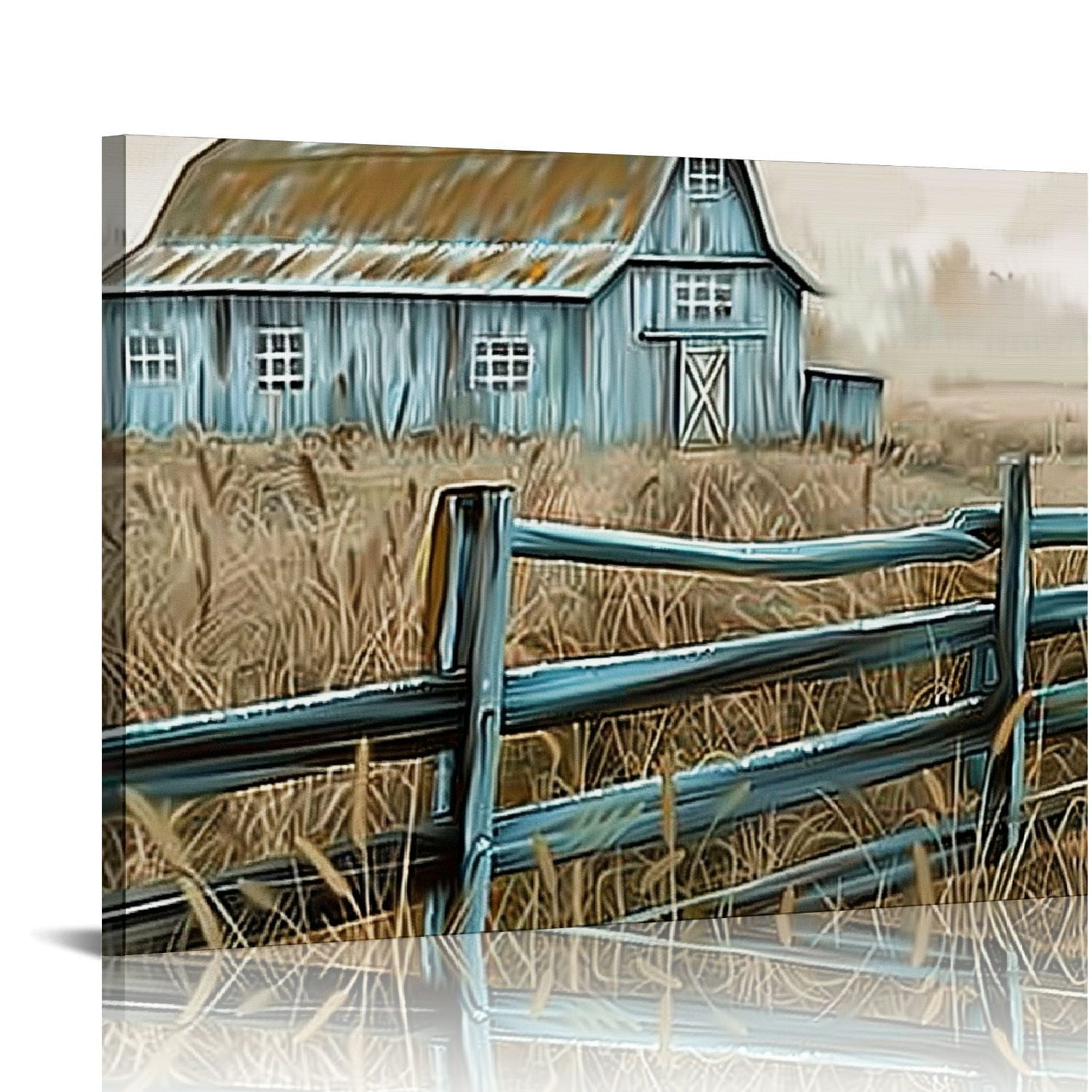 Creowell Farmhouse Landscape Wall Art Rustic Teal Barn Windmill ...