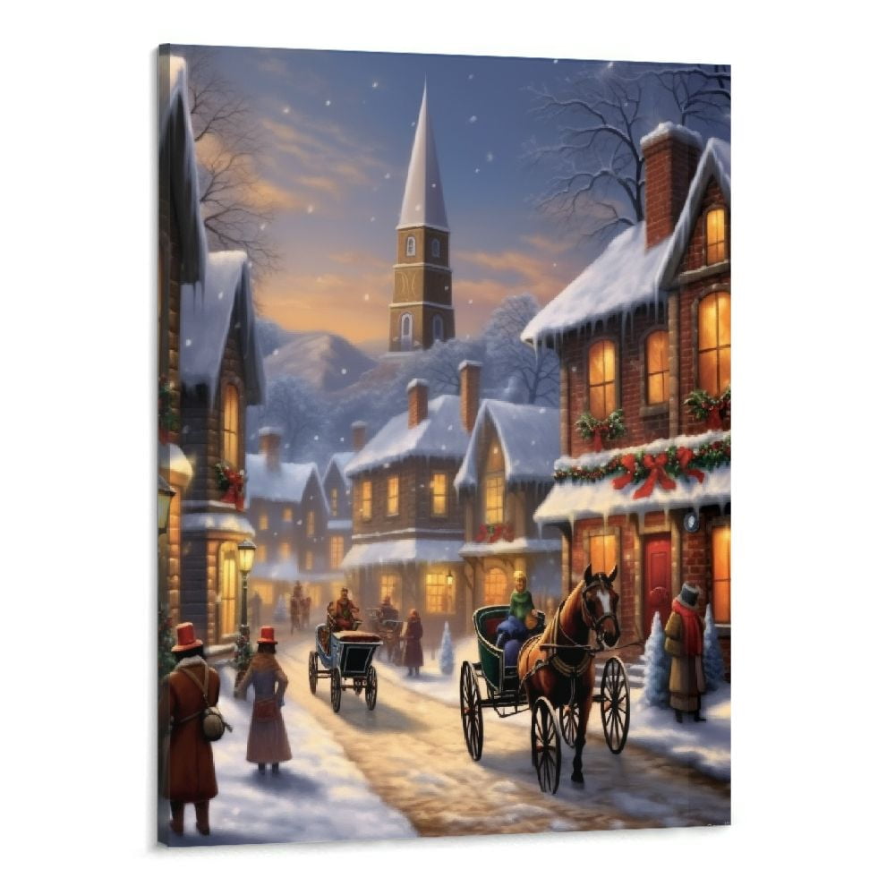 Creowell Festive Village Christmas Poster Art Print, Holiday ...
