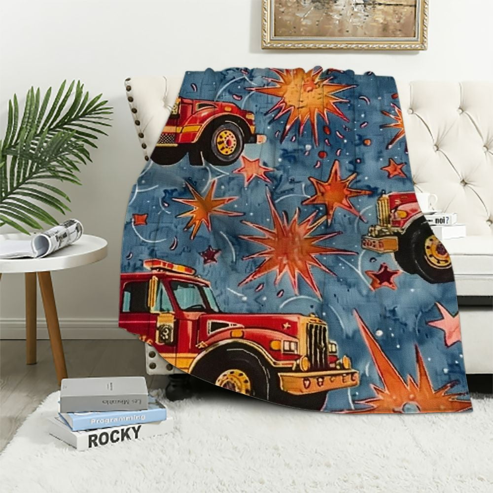 Creowell Fire Truck Throw Blanket, Fire Truck Blanket for Boys, Blue ...