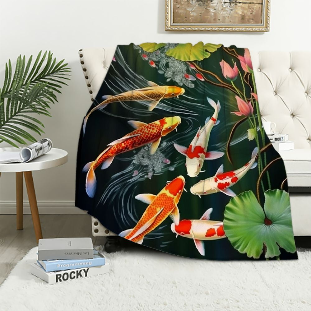 Creowell Fish Lily Pads Art & Language Flannel Throw Blanket for Couch ...