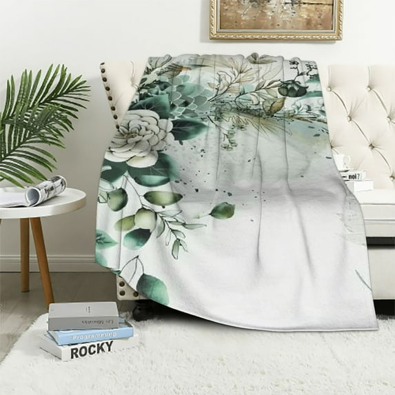 Creowell Floral Design Green Leaves Flowers Throw Blanket for Bed Couch ...