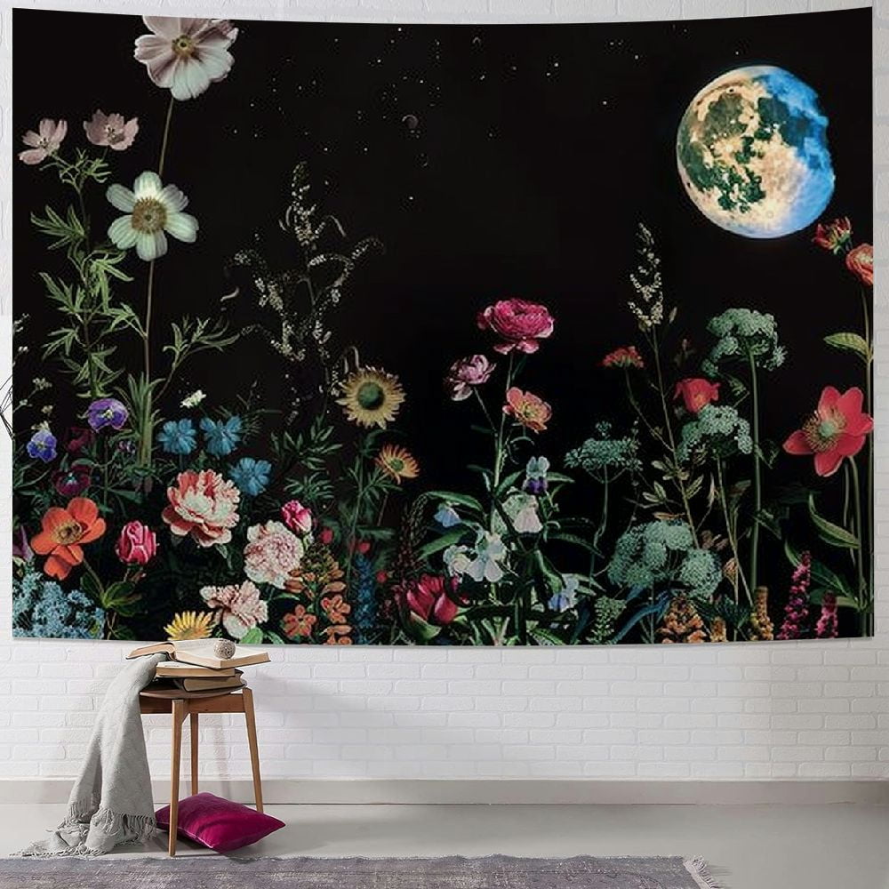 Creowell Floral Plants Tapestry Galaxy Moon Stars Tapestry Vintage Boho ...