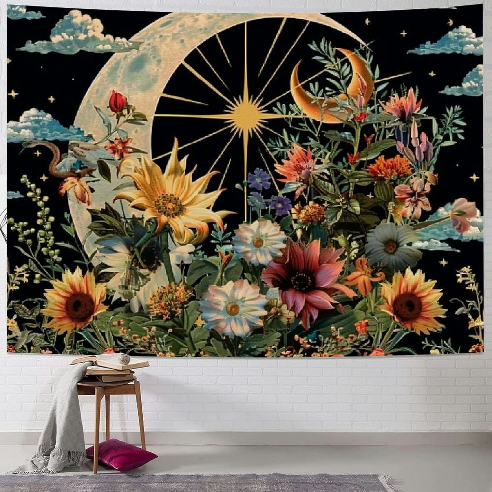 Creowell Floral Plants Tapestry Sun and Moon Tapestry Retro Botanical ...