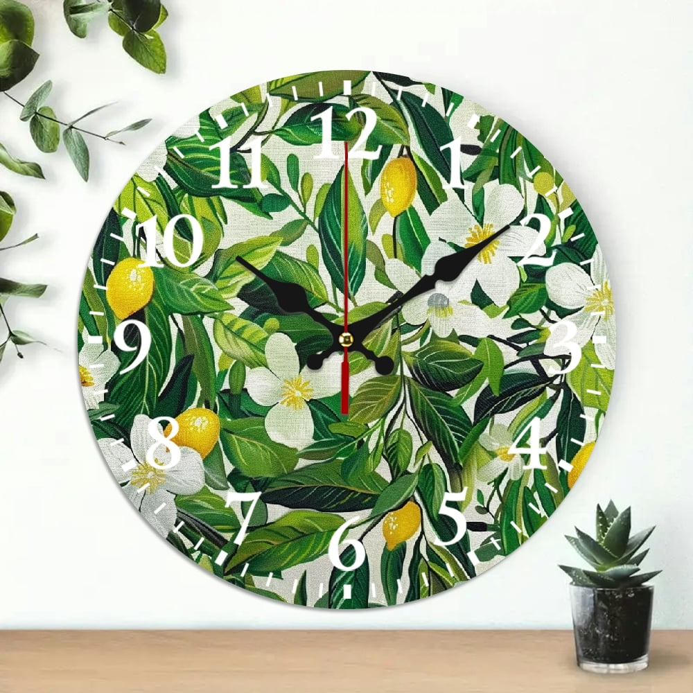Creowell Floral Print Green Leaves White Flowers Wall Clock 10 Inch ...