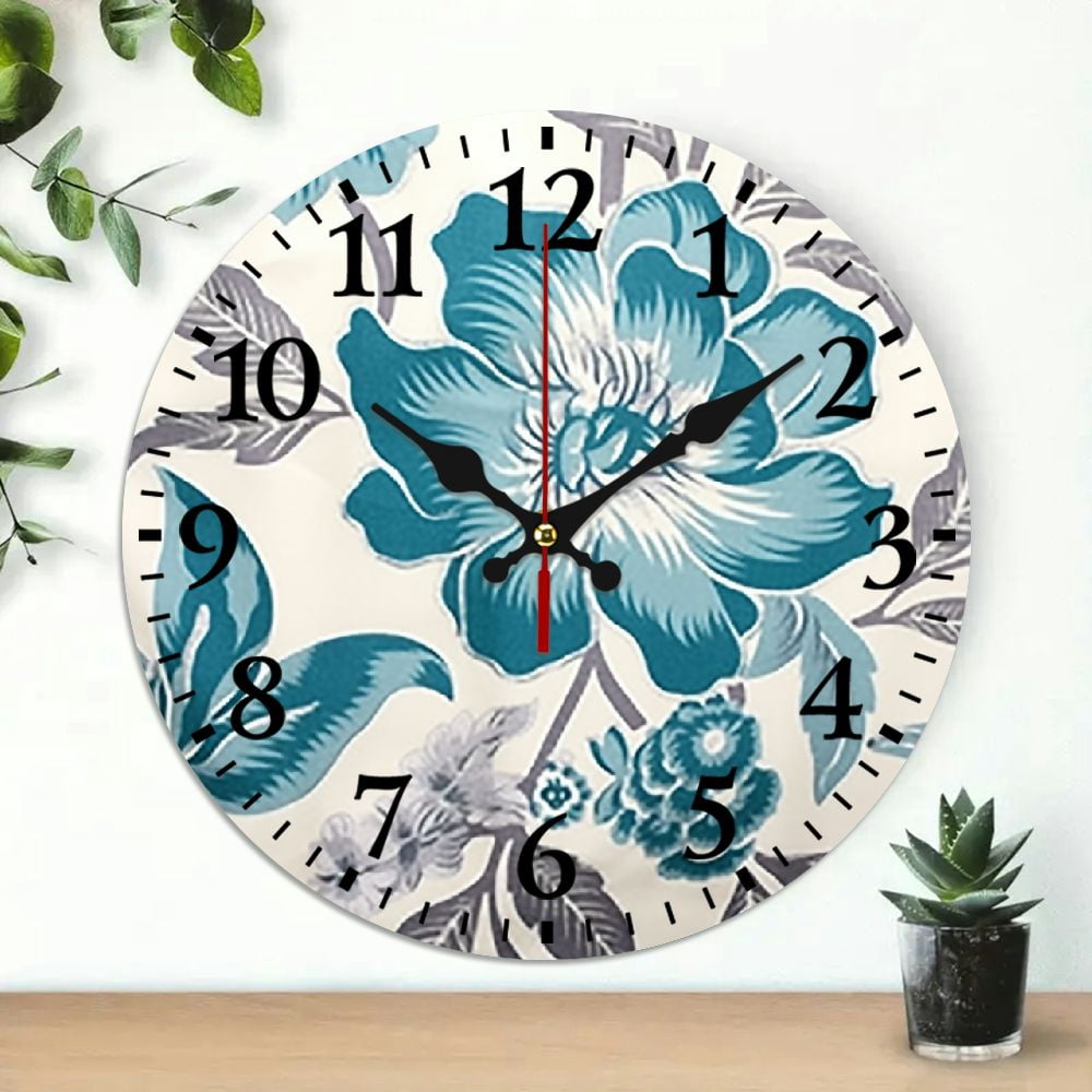 Creowell Flower Pattern Blue Flower Wall Clock Wall Hanging Decor for ...