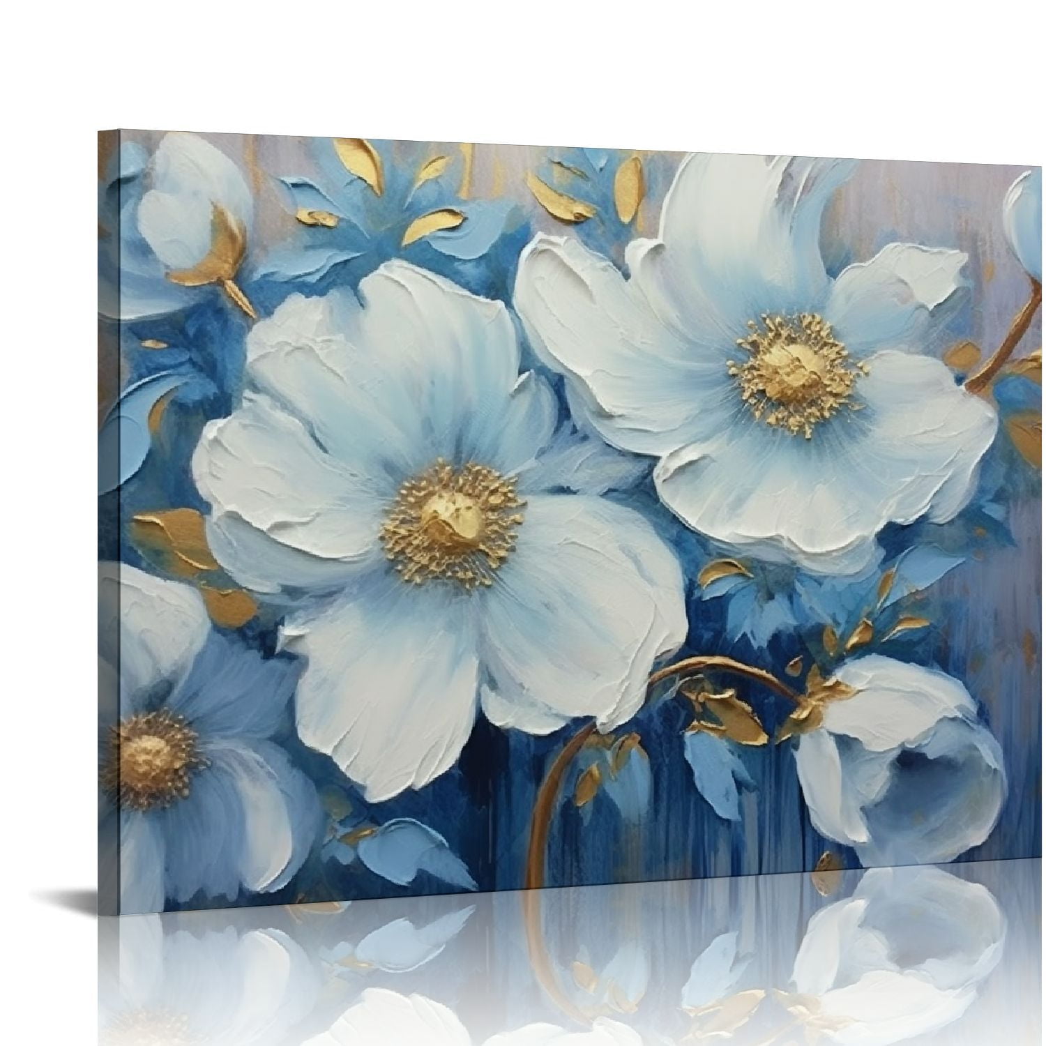 Creowell Flowers Canvas Wall Art White Elegant Painting Grey Blue Print ...