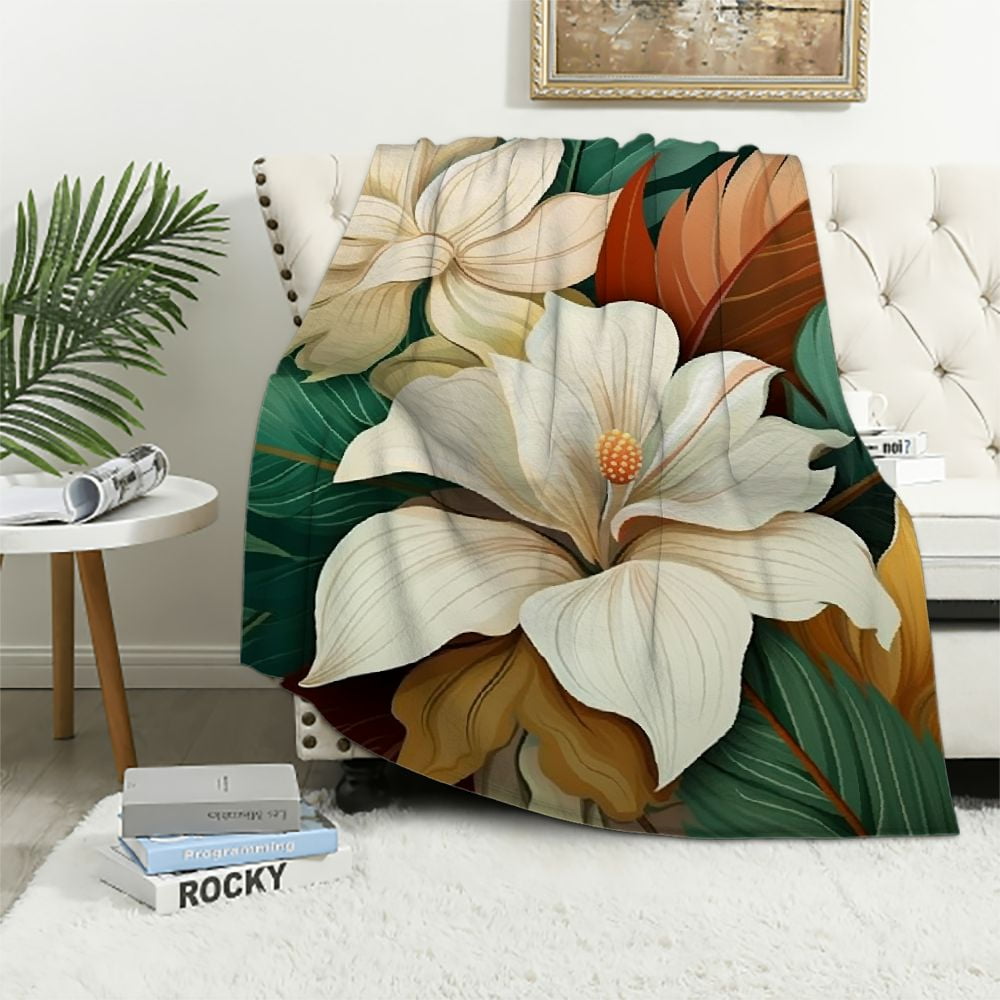Creowell Flowers Leaves Art Deco Print Throw Blanket Soft Plush ...