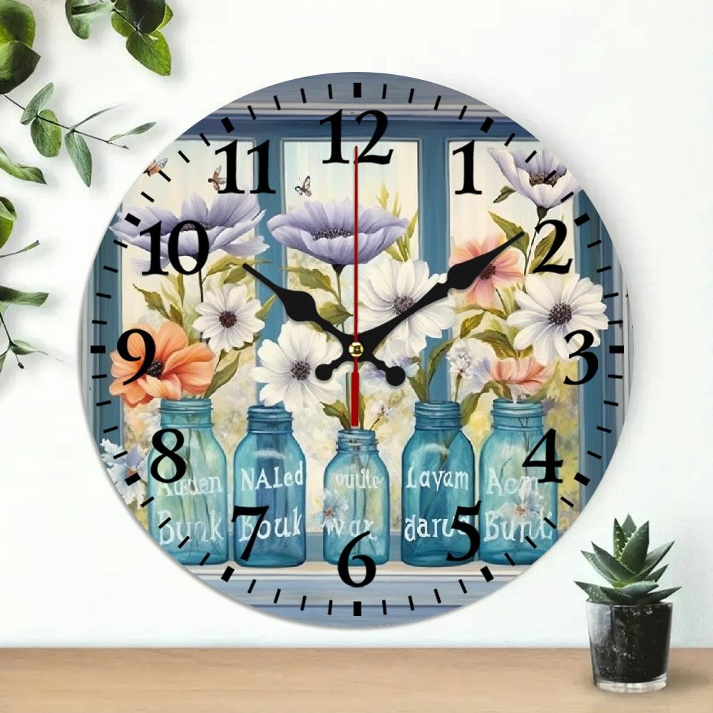 Creowell Flowers Mason Jars Whimsical Round Wooden Wall Clock Wall ...