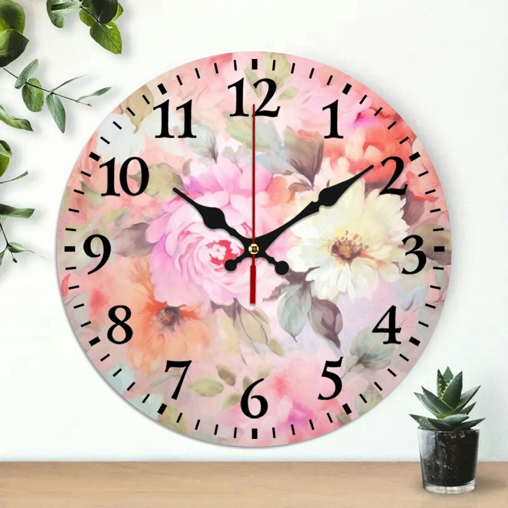Creowell Flowers Round Wooden Wall Clock for Home Decor, Silent Battery ...