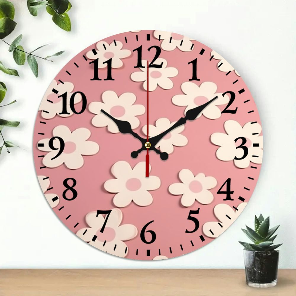 Creowell Flowers Theme Round Wooden Wall Clock for Home Decor, 10 Inch ...