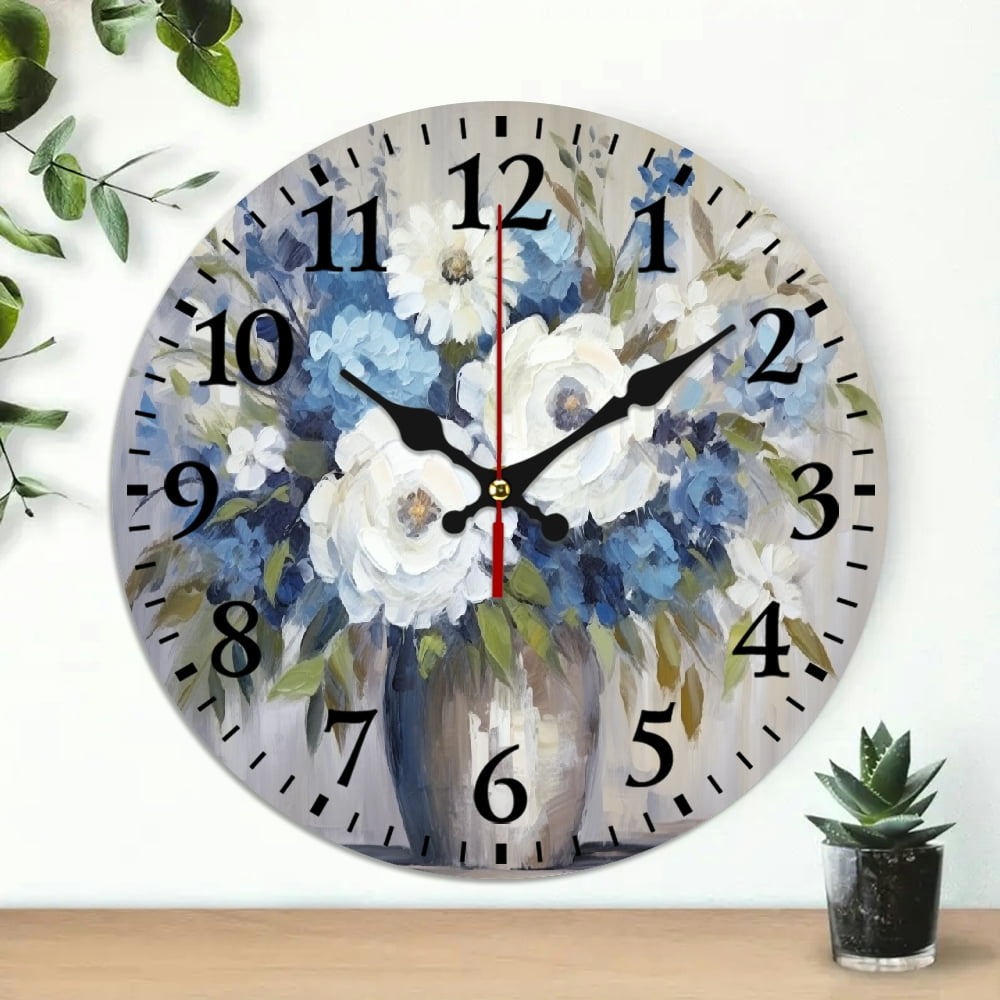 Creowell Flowers Theme Wooden Wall Clock, 10 Inch Round Decorative ...