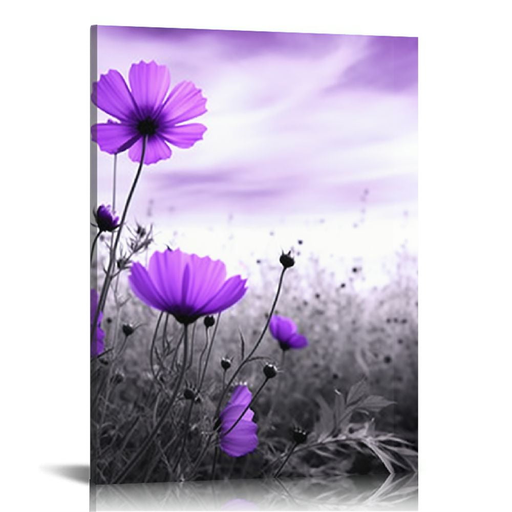 Creowell Flowers Wall Art Canvas Pictures Purple Wildflowers Black and ...